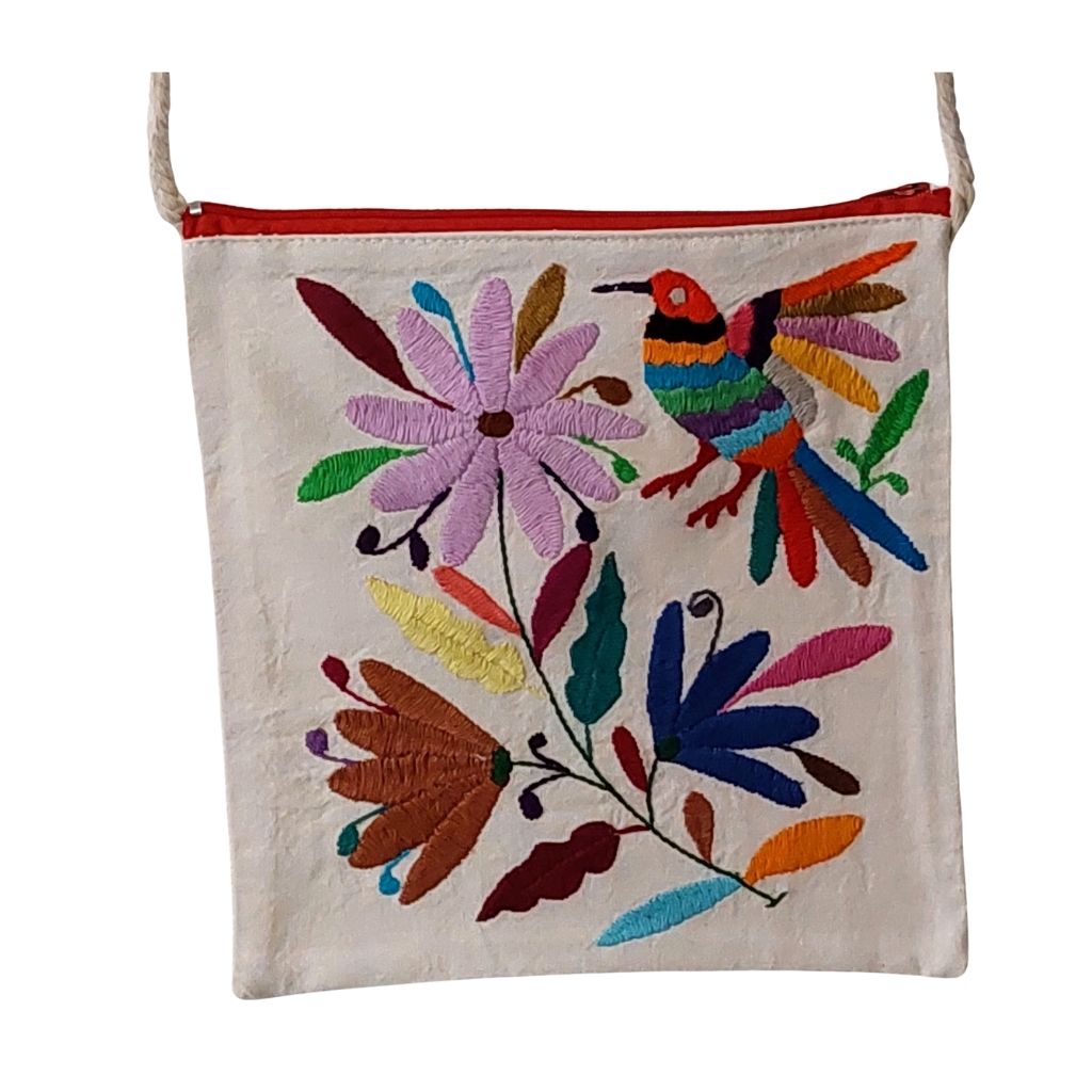 Bolsa Morral Chica Bordada en Tenango [Colibrí multicolor flor lila ...