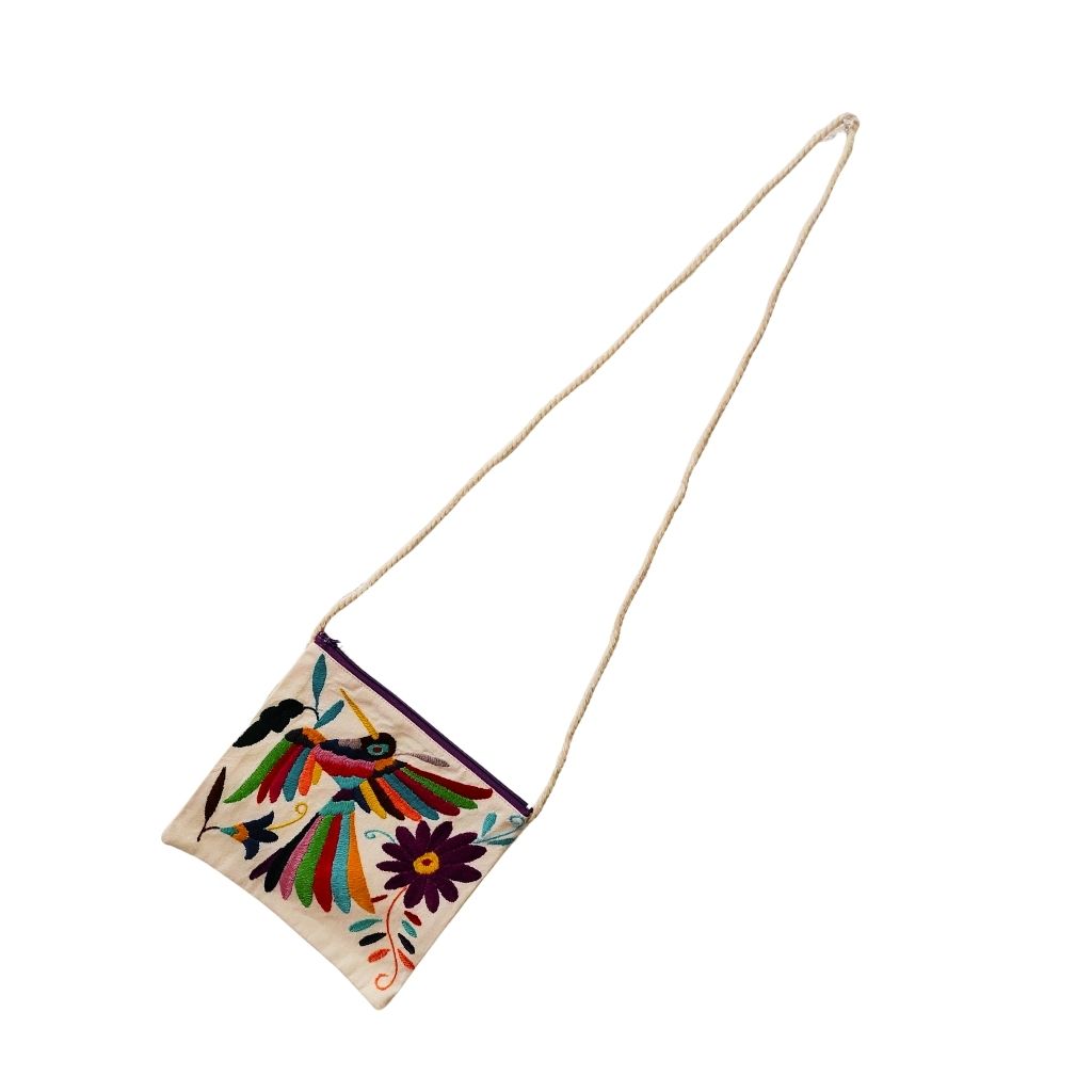 Bolsa Morral Chica Bordada en Tenango [Colibrí multicolor flor morada ...