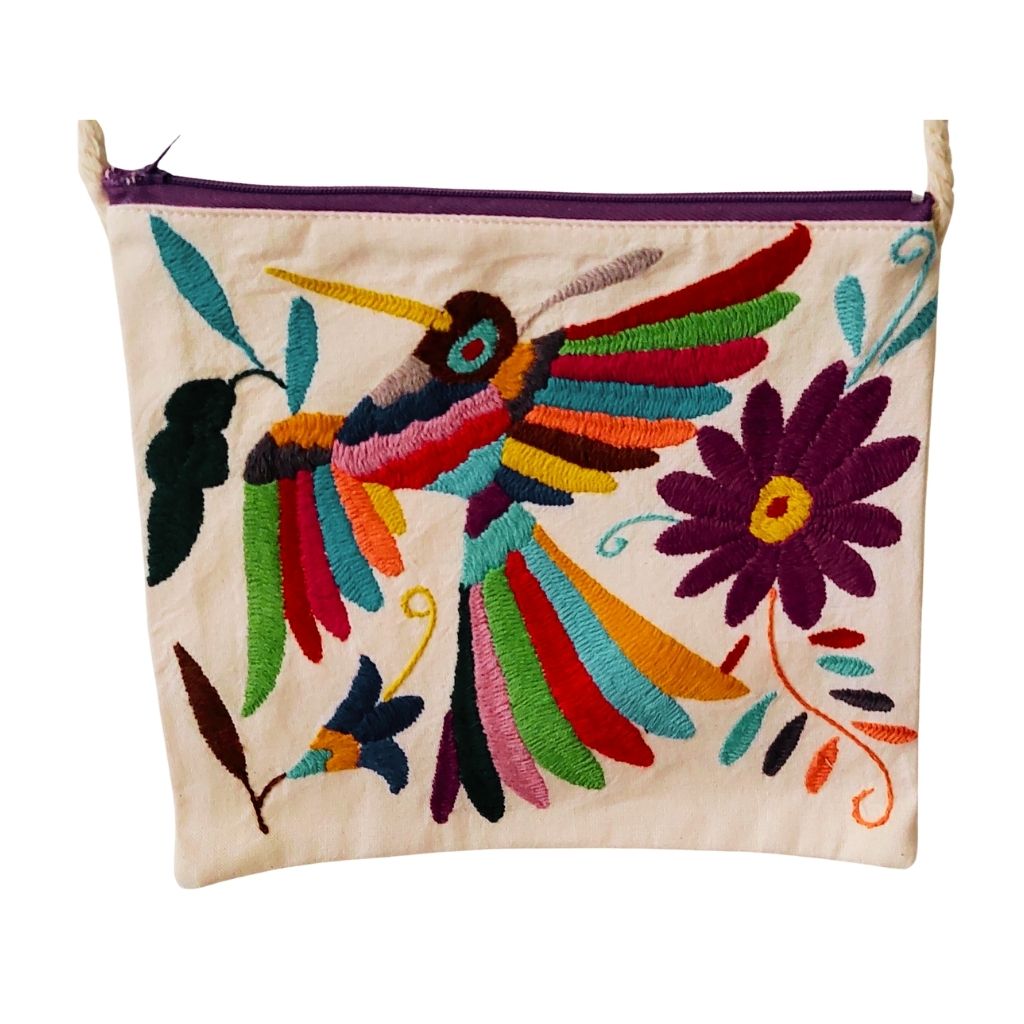 Bolsa Morral Chica Bordada en Tenango [Colibrí multicolor flor morada ...