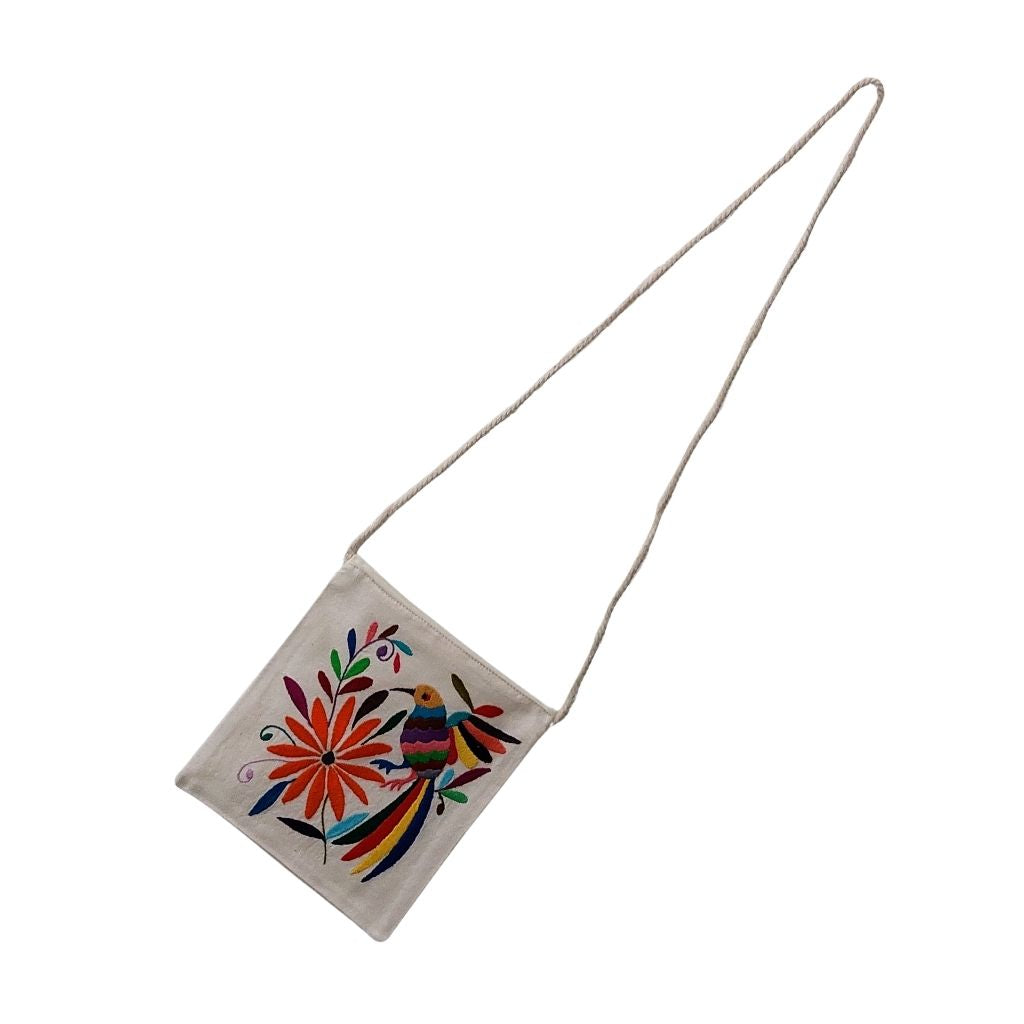 Bolsa Morral Chica Bordada en Tenango [Colibrí multicolor flor naranja ...
