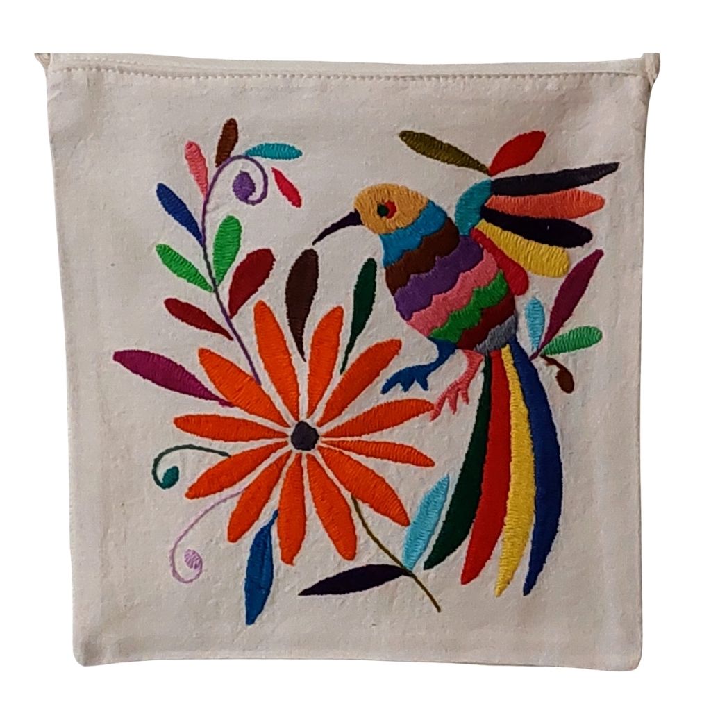 Bolsa Morral Chica Bordada en Tenango [Colibrí multicolor flor naranja ...