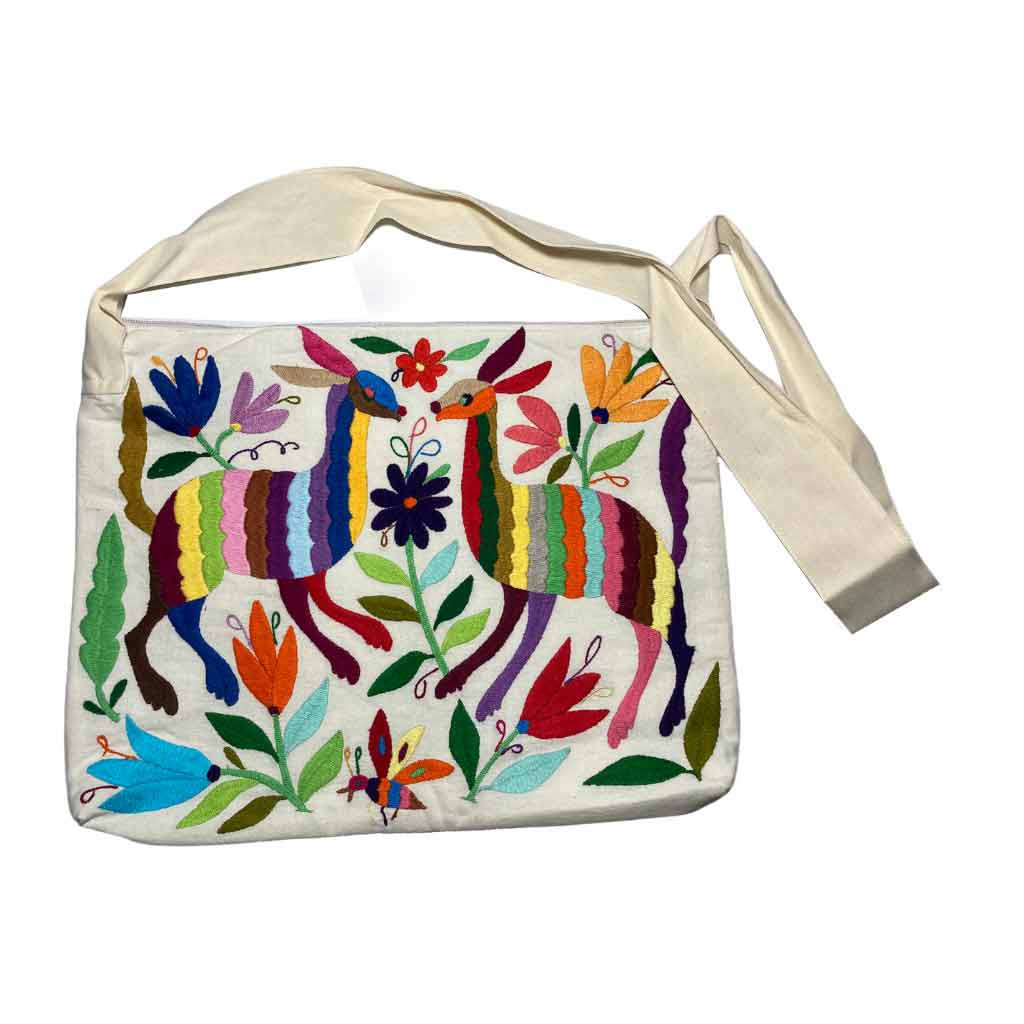 Bolsa Morral Grande Dama Bordada en Tenango [Blanca-Multicolor-Venados ...