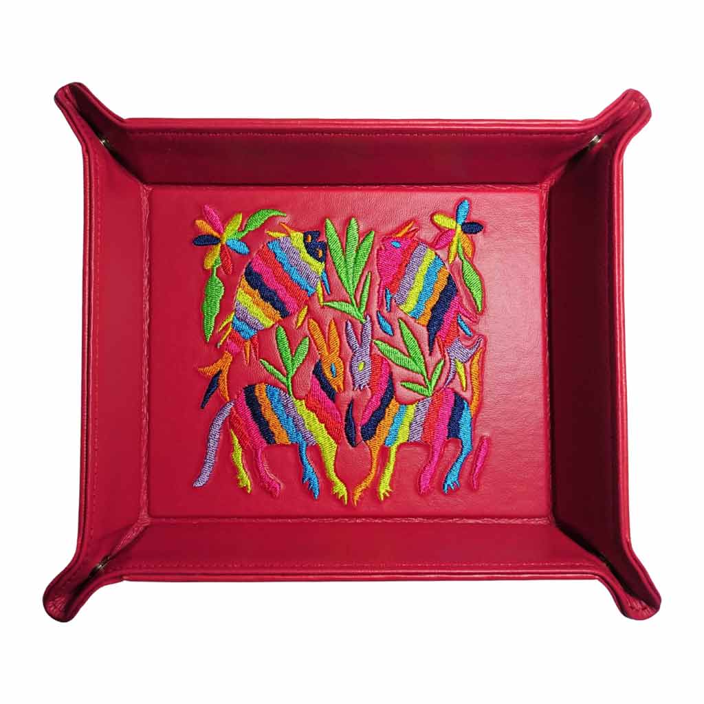 Charola vacía bolsillos en curpiel rojo con bordado Tenango Peces Vena ...